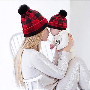 2 Pcs Parent-Child Hats with Pom Pom - Knitted Mom and Baby Matching Outfits Winter Warm Beanie Hats Soft Crochet Caps for Women Kids Christmas Red