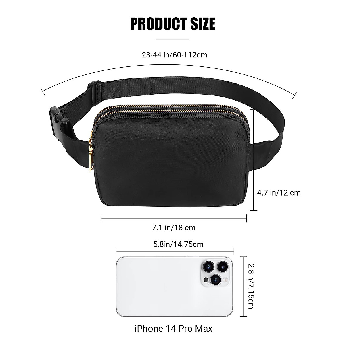 Sindax Small Black Fanny Packs for Women Waterproof Chest Pack Belt Bag with Adjustable Fashion Hip Bum Bag for Travel Workout Running Hiking