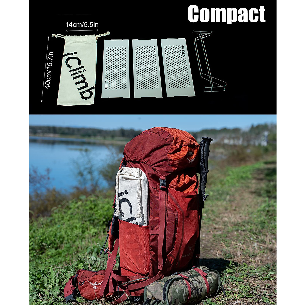 iClimb Mini Solo Folding Table Ultralight Compact for Backpacking Camping Hiking Beach Picnic (Gunmetal, L)