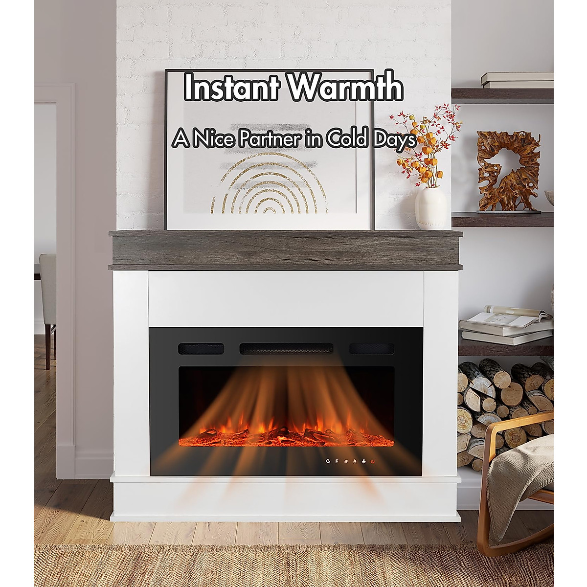 Maxhonor Electric Fireplace Wall Mounted Insert Heater, Glass Panel with Touch Screen or Remote Control, 1500/750W (Black, 30'')