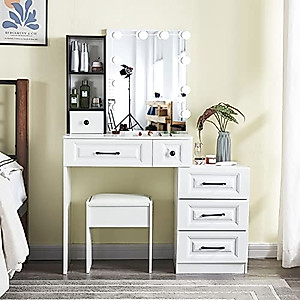 JBLCC Makeup Vanity with Lights Mirror, Makeup Table Set Vanity Mirror with Lights, Vanity Desk with Storage Shelves, Drawers, Modern Vanity Table for Bedroom (42550USB)