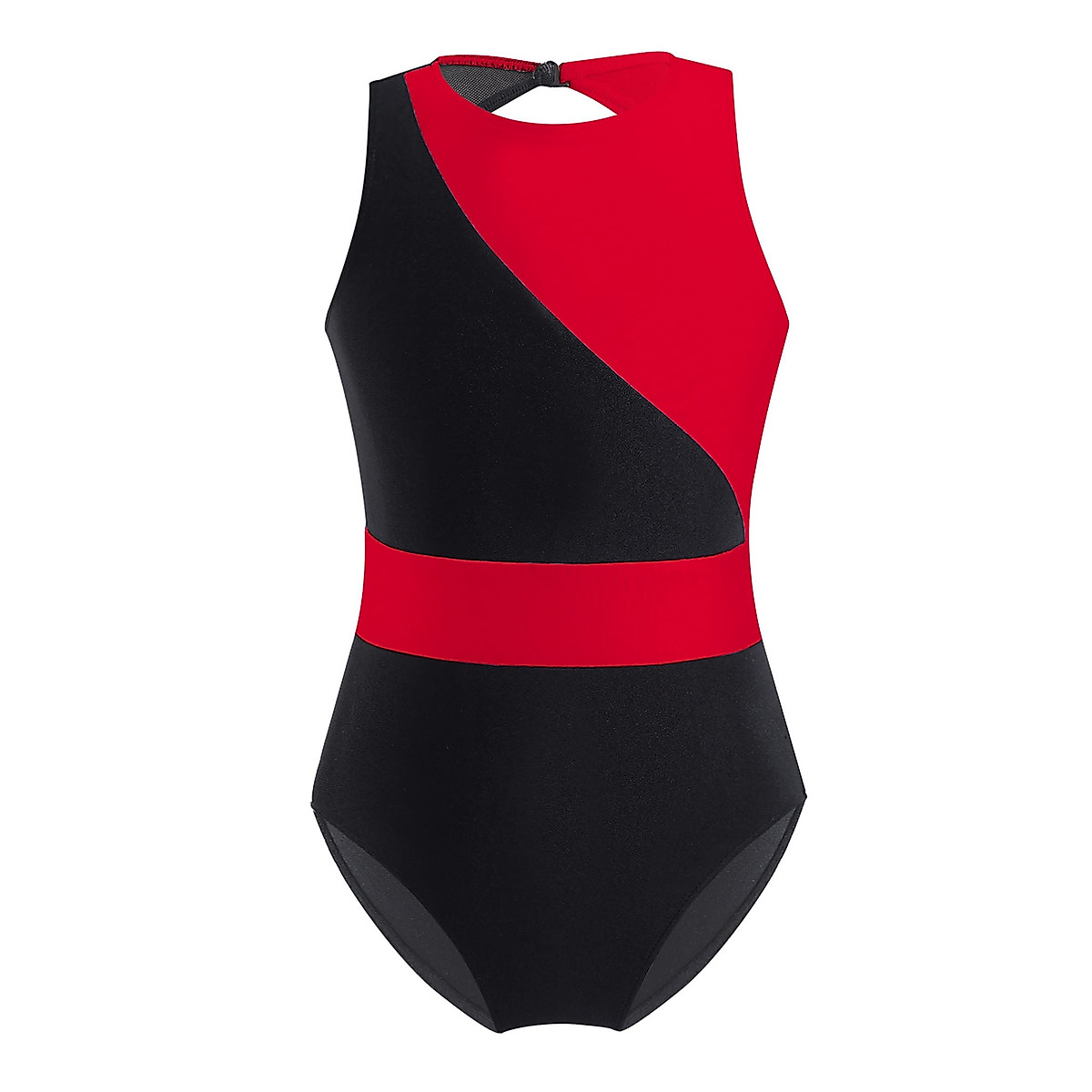 Aislor Girls' Ballet Dance Leotard Sleeveless Mesh Patchwork Criss Cross Back Unitards Gymnastic Jumpsuit Activewear Red&Black 14 Years