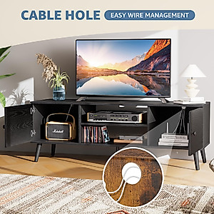 DUMOS TV Stand for 55 60 inch TV, Entertainment Center with Storage Cabinet, Mid Century Modern Media Console Table, Adjustable Hinge, Wooden Television Furniture for Living Room, Office - Black