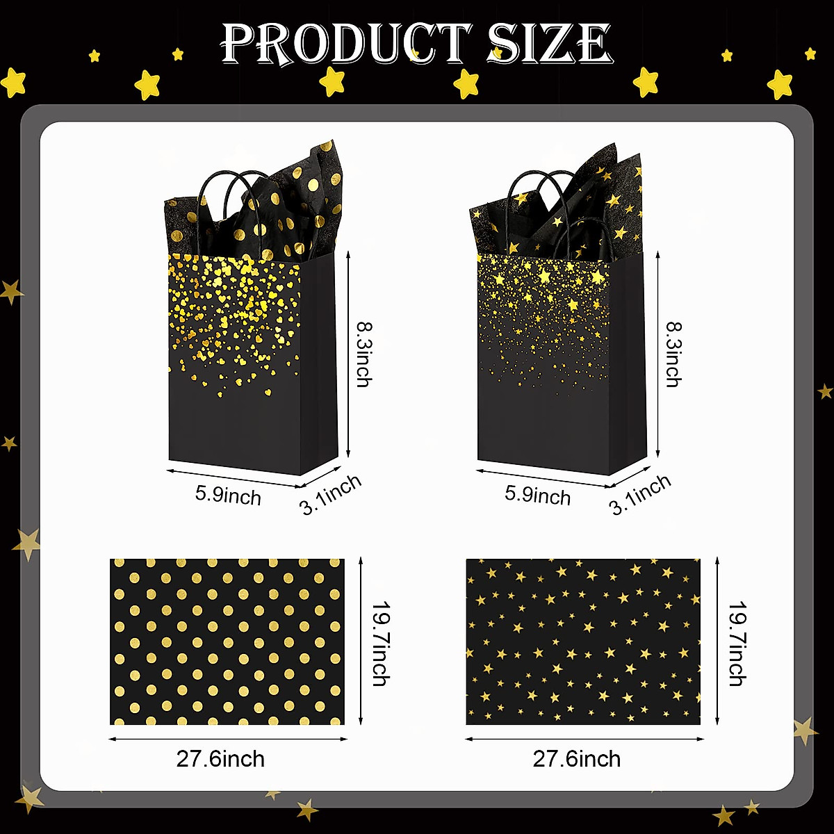 32 Pcs Black Gold Gift Bags New Years Eve Party Favor Bags 32 Pcs Black and Gold Tissue Paper for Gift Bags Gold Black Gift Bags with Handles New Years Eve Gift Bags with Stars Heart for Wedding