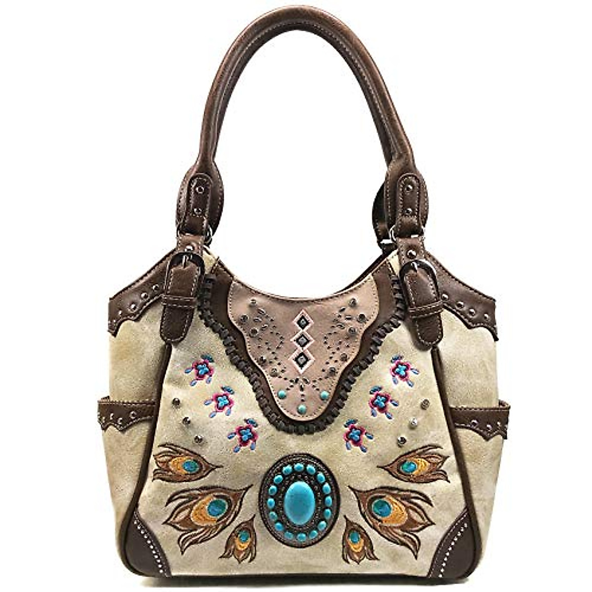 Zelris Turquoise Stone Concho Peacock Feather Women Conceal Carry Tote Purse Set (Beige)