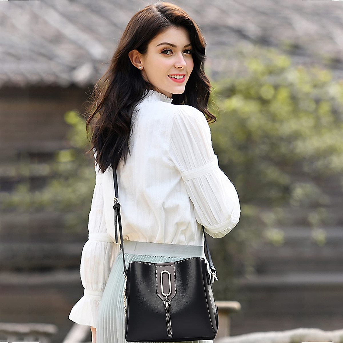 PORRASSO Women Handbag Fashion Bucket Bag Ladies Crossbody Bag Satchel Tote Top Handle Bags Leather Waterproof Shoulder Bag for Work Travel Daily Use Black