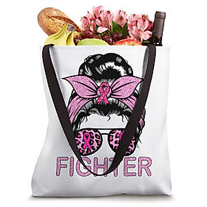 Fighter Messy Bun Leopard Pink Breast Cancer Awareness Tote Bag