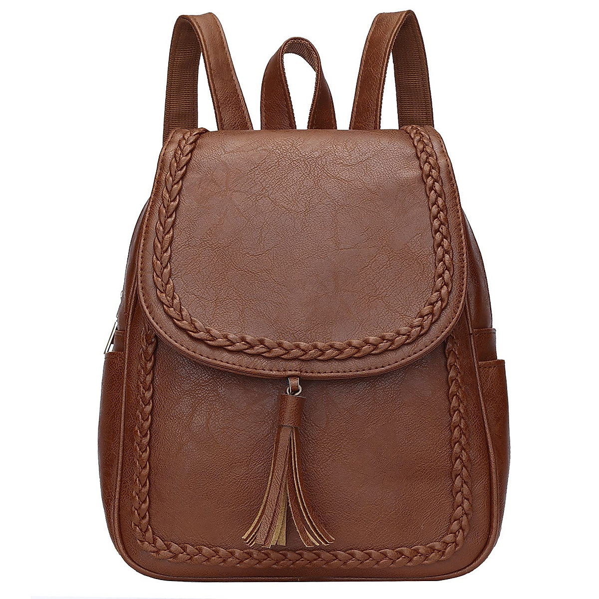 KKXIU Fashion Small Synthetic Leather Backpack Purse For Women and Ladies with Tassel (Brown)
