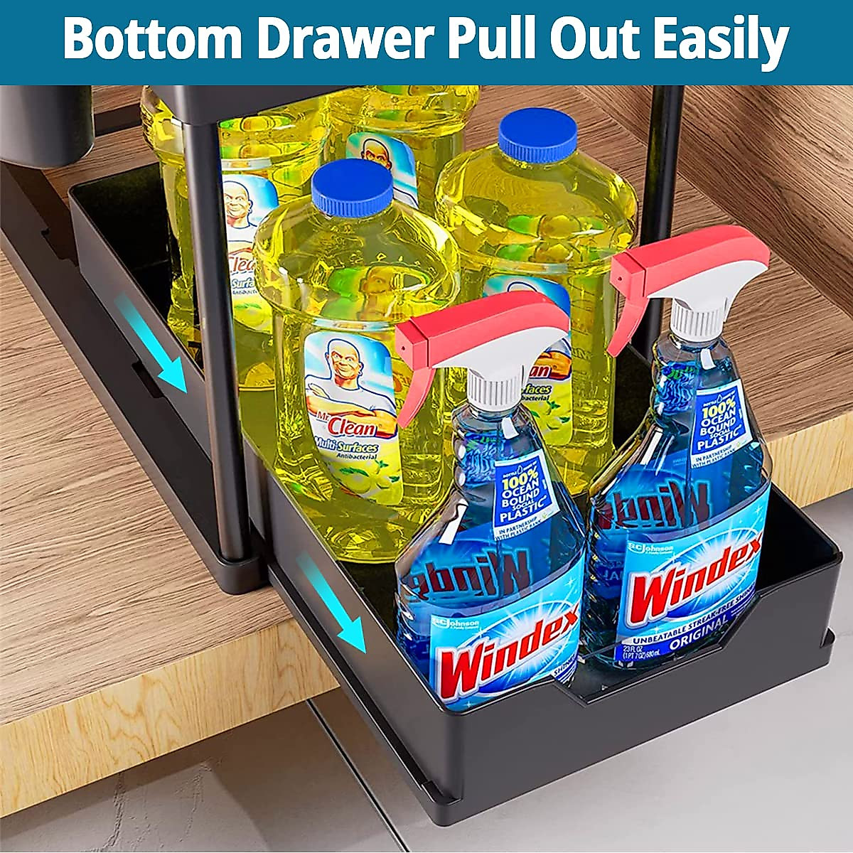 Under Sink Organizers and Storage, Pull Out Undersink Organizers Basket, 2 Tier Bathroom Cabinet Storage with Towel Rack Hooks, Hanging Cup, Multi-purpose Storage Shelf for Kitchen Toilet