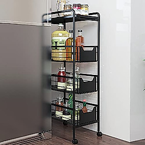 LOYALHEARTDY 4-Tier Carbon Steel Slim Rolling Cart 9.4Inch Width Kitchen Storage Organizer Mobile Shelving Unit Storage Carts with Lockable Wheels Slide Out Storage Tower Rack