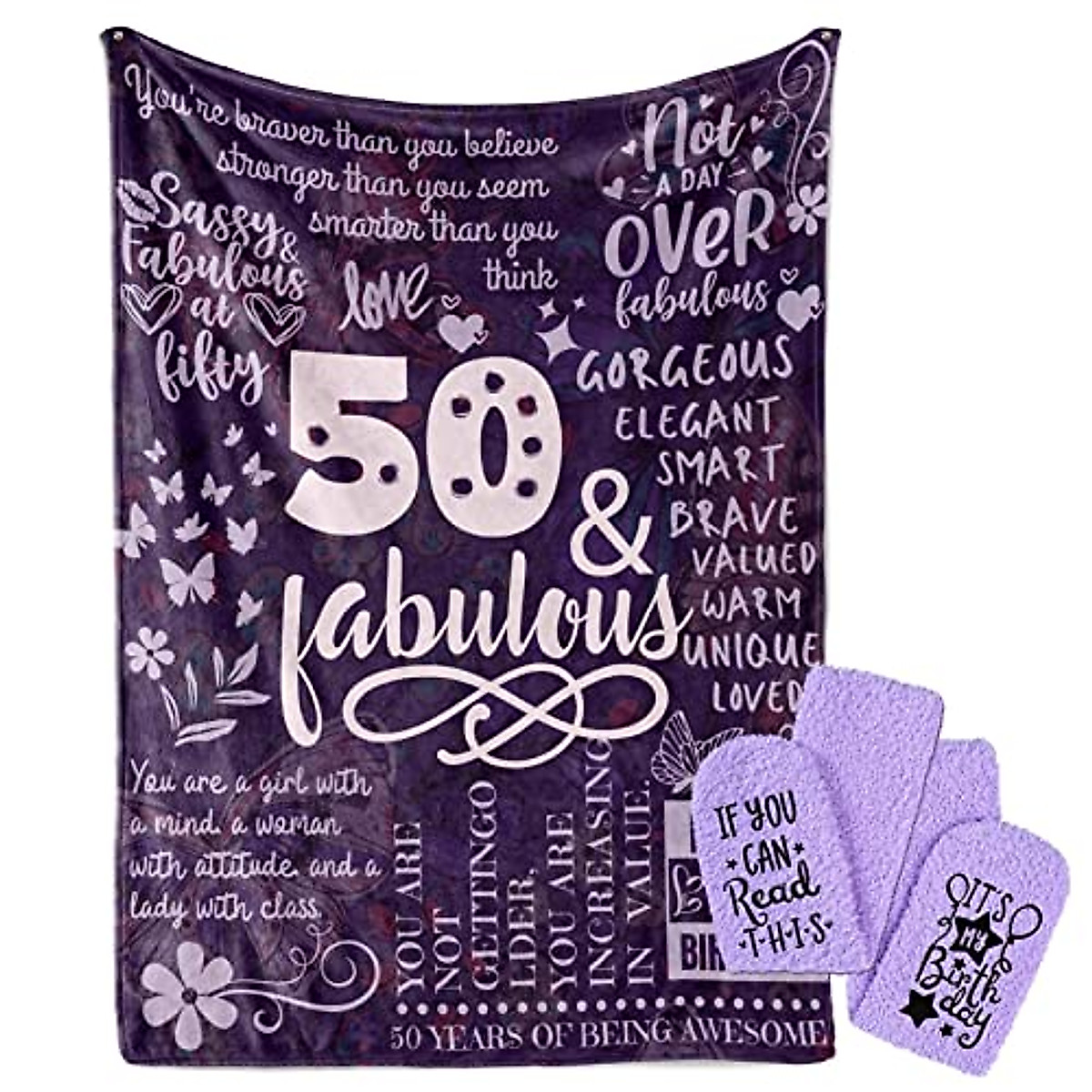 InnoBeta 50th Birthday Gifts for Women Flannel Blanket and Sock, Birthday Gift Basket for Women, Female, Friends, Ideal for Mom, Best Friends, Grandma, Gigi (50"x 65") - 50 & Fabulous