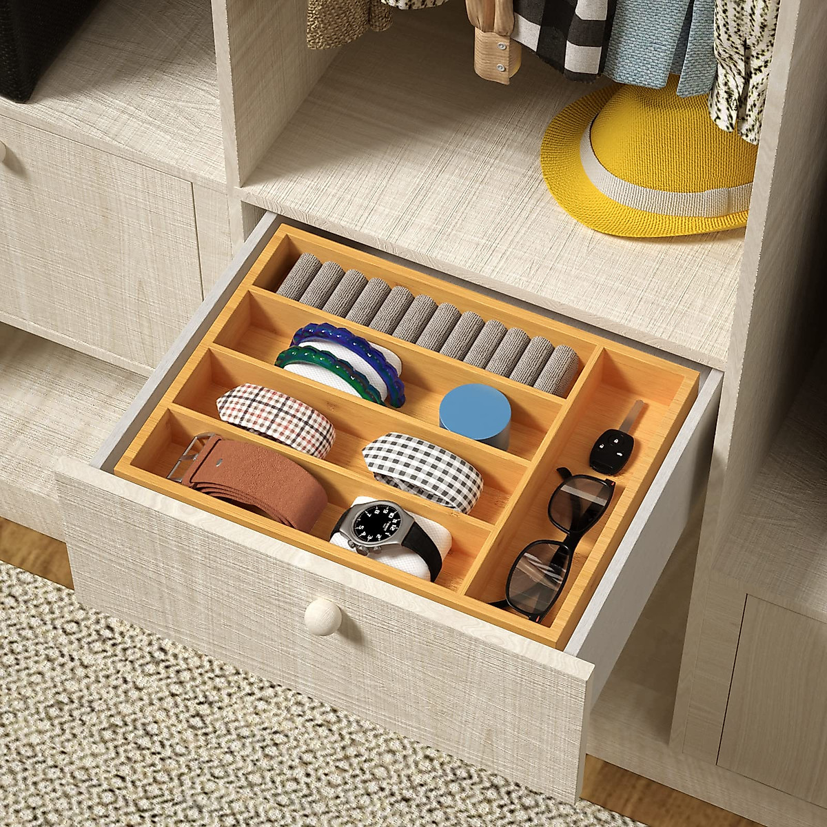 FURNINXS Bamboo Kitchen Drawer Organizer Wooden Silverware Utensil Tray Holder with 5 Small Narrow Compartments for Cutlery Spoons Forks Knives Storage Flatware Organizer 14x10.5x2 inch