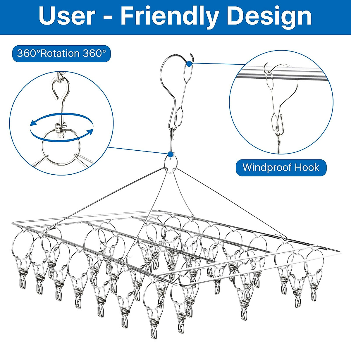 Akamino 4 Pcs Hanging Drying Rack,Stainless Steel Herb Drying Rack with 30 Stainless Clips,Collapsible Swivel Drying Rack Windproof Hook for Drying Herb Air Plants,Flowers,Towel,Bras,Lingerie, Sock