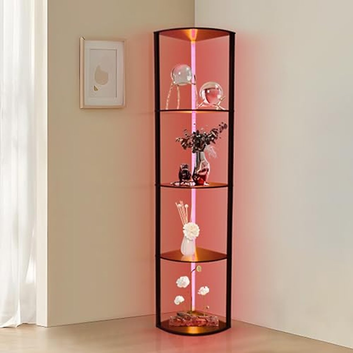 XIIW 5 Tiers Corner Shelf with Light, RGB LED Corner Bookshelf Standing Floor Lamp via App and Remote Control, Modern Corner Display Cabinet with Storage Rack for Living Room Bedroom Home