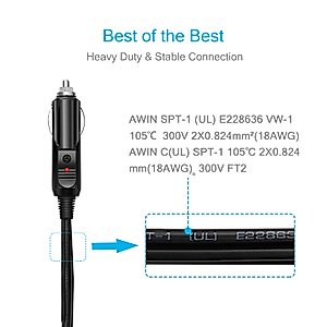 CHANZON 12V/24V 1 to 2 Car Cigarette Lighter Splitter Adapter, 7in UL Wire with 15A Fuse, Auto DC Power Supply Extension Cord with Plug Socket, 2 Way Y Adapter with Dual Power Charger Port
