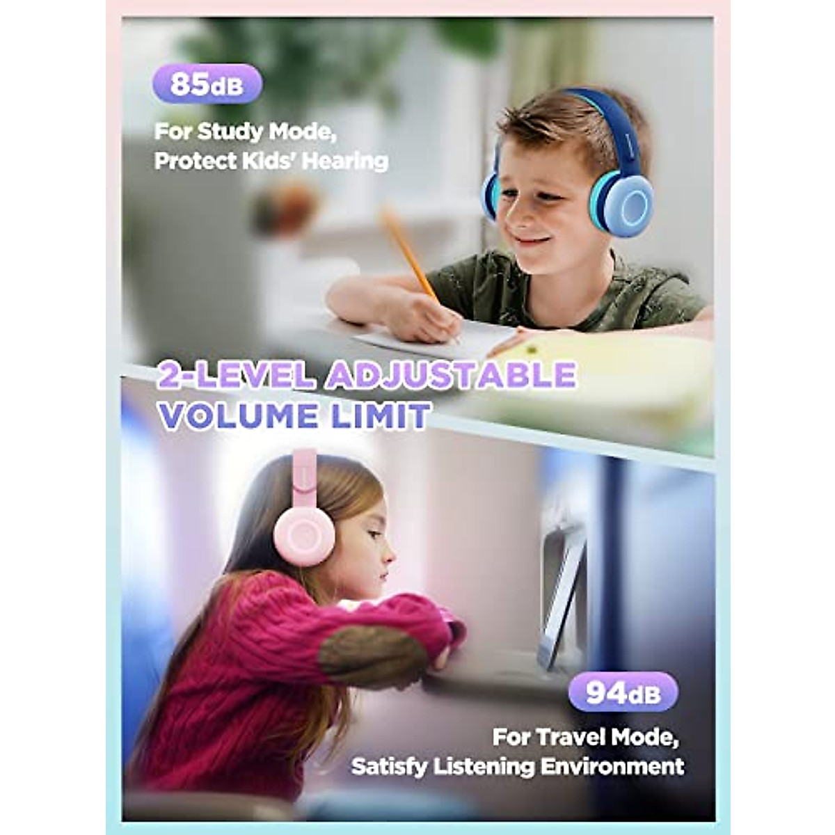 BIGGERFIVE Kids Wireless Bluetooth Headphones with 7 Colorful LED Lights, 50H Playtime, Microphone, 85dB/94dB Volume Limited, Foldable On Ear Headphones for School/Girls/Boys/iPad/Fire Tablet, Blue