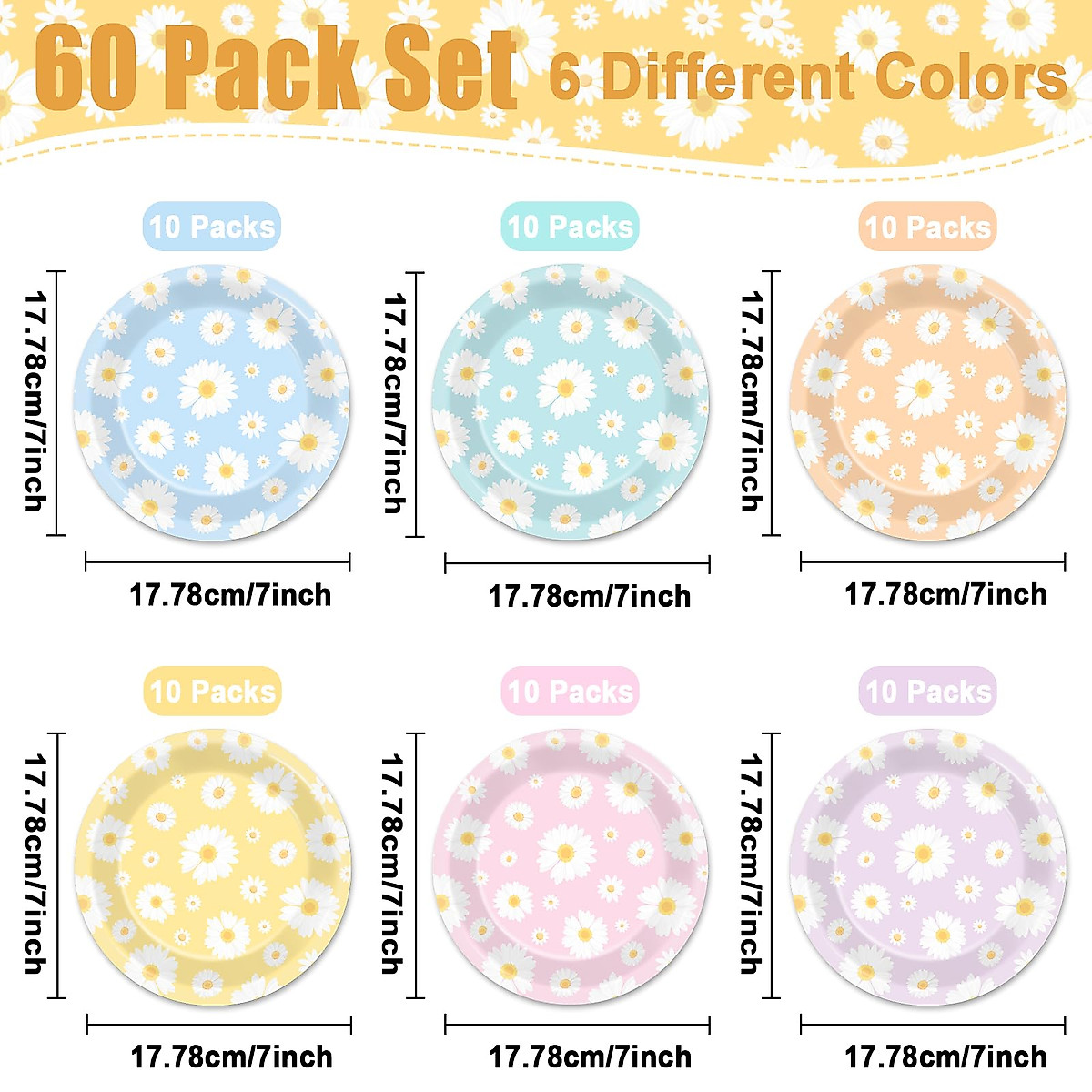 CHUNNIN 60Pcs Daisy Party Paper Plates for Groovy Daisy Party Supplies 7in Hippie Boho Daisy Disposable Tableware Dinnerware Set for Girls Daisy Birthday Party Decoration Baby Shower Bridal Favor