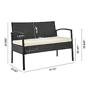 Manhattan Comfort Noli 4-Piece Patio Conversation Set, Outdoor Furniture Made of Steel Rattan | Includes 2 Modern Armchairs, Loveseat, Tempered Glass Coffee Table, Removable Waterproof Cushions, Cream