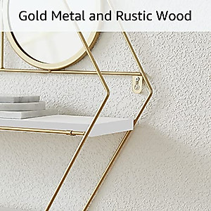 TFER Floating Shelves Wall Mounted Hexagon Wall Shelf Hanging Shelves for Wall Storage Rustic Wood Wall Shelves for Bedroom, Living Room, Bathroom, Kitchen, Office, with Mirror and Hooks (Gold)