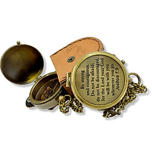 MAH Be Strong and Courageous Brass Religious Compass Gift Confirmation Baptism Easter Christian Catholic Graduation Trekking Adventure Engraved Scripture Prayer Gift for Men Women Teenage Boys Girls
