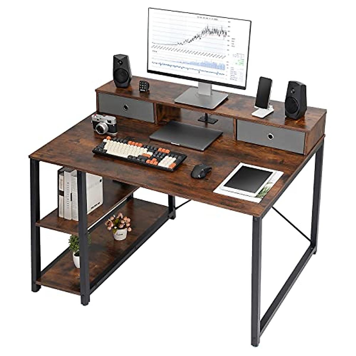 TOPSKY 47”x 31.5” Computer Desk with Drawers, Monitor Stand, Storage Shelf, 3-Port Charging Station (Rustic Brown)