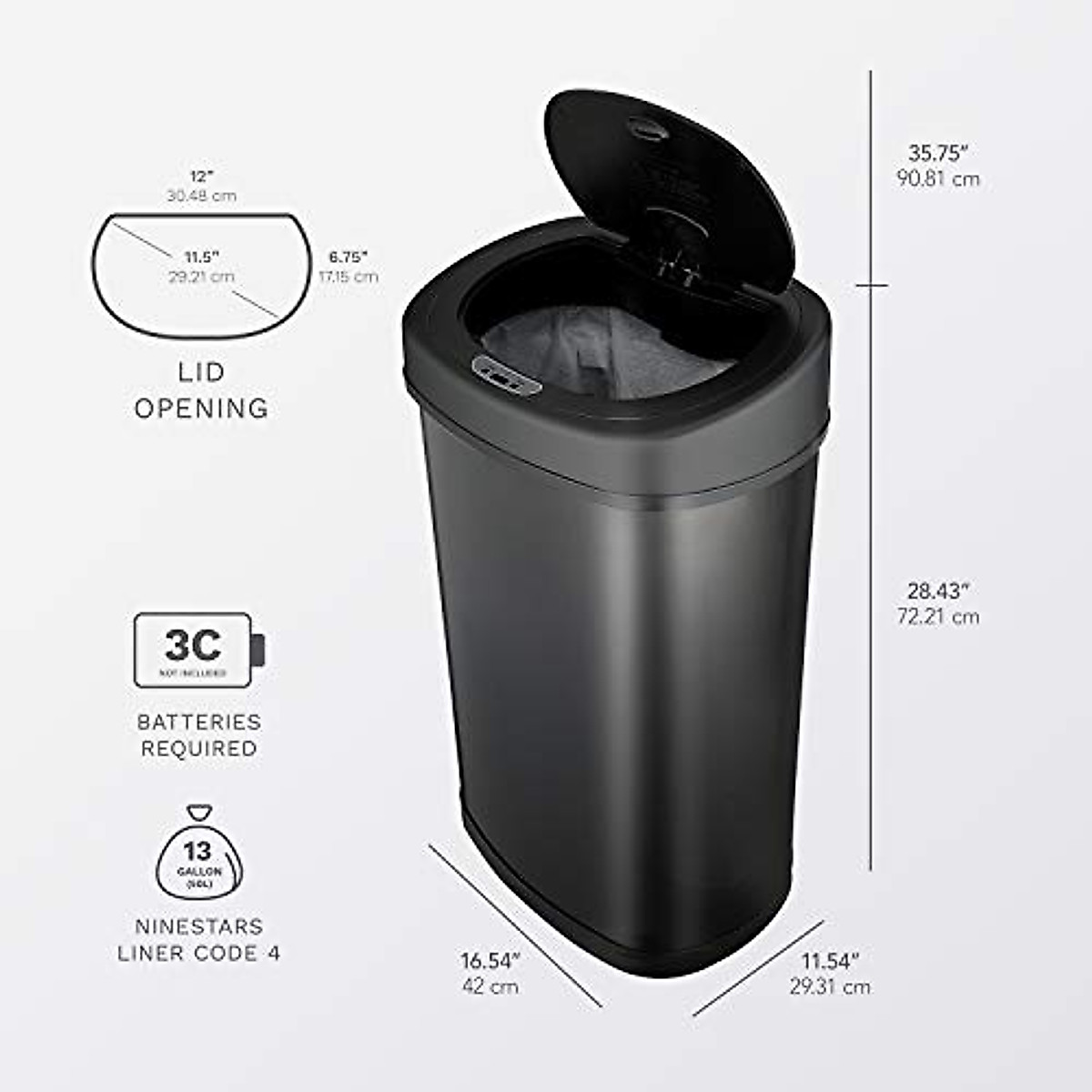 NINESTARS DZT-50-9BK Automatic Touchless Infrared Motion Sensor Trash Can, 13 Gal 50L, Black Steel Base (Oval, Black Lid)