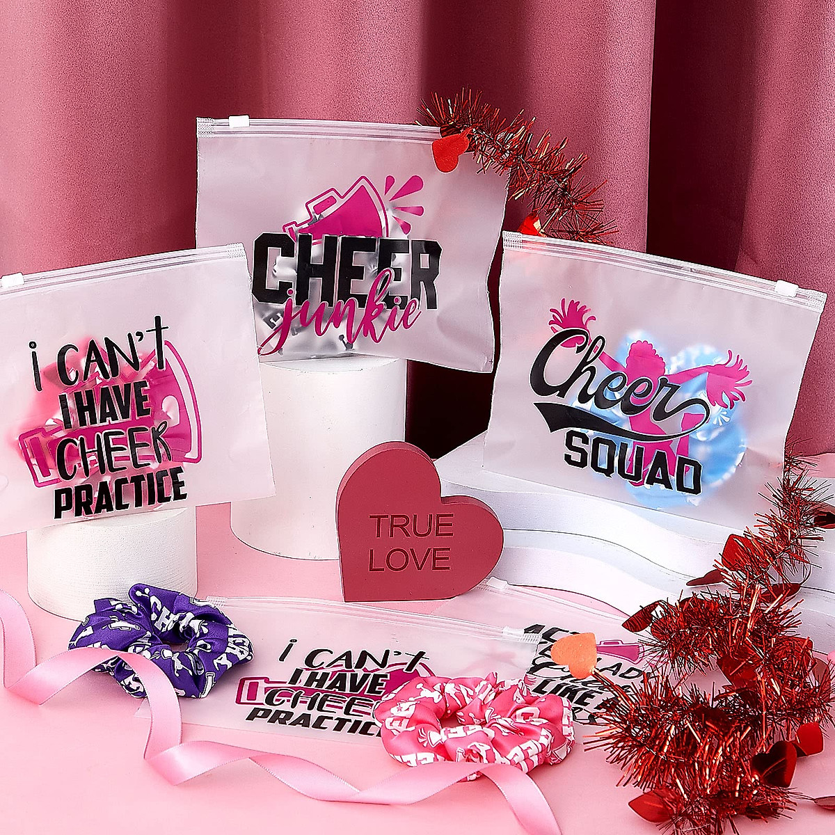 Henoyso 90 Pieces Cheer Makeup Bag Cheerleaders Gifts Cosmetic Cheer Bags for Cheerleaders Cheer Gifts for Team Cheer Party Favors Travel Pouch Makeup Case for Women Teammates Accessories, 9 Styles