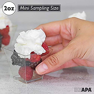 Ilyapa 100 x 2oz Mini Plastic Dessert Cups with Spoons - Dessert Shooter Plastic Glasses, Elegant Mini Appetizer Cups for Chocolate & Cheesecake, Mini Tumbler Square Cup, Puddings, Mousse, Parfaits