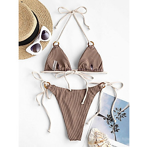 ZAFUL Women's Ribbed O Ring Contrast Strap String Bikini Swimwear