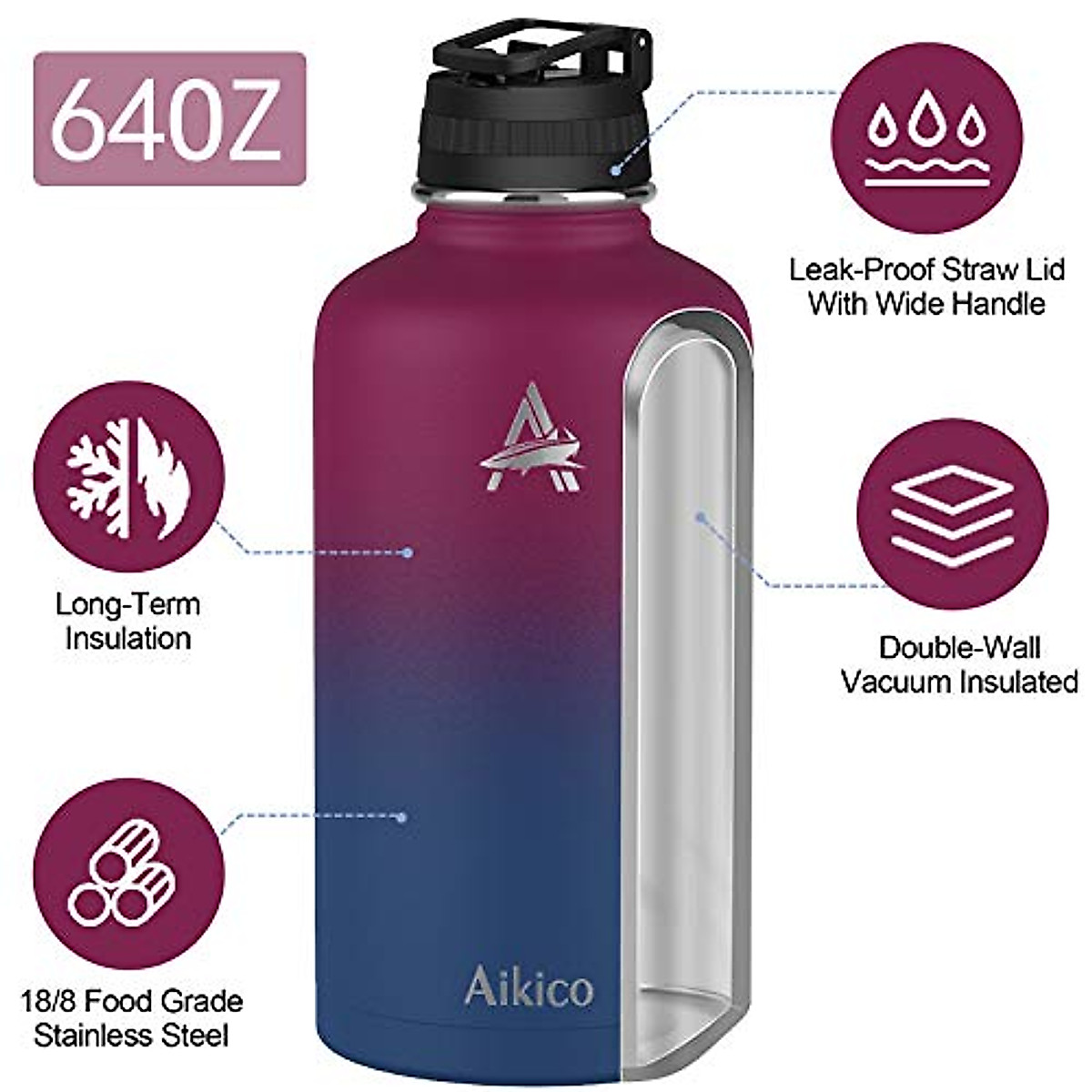 64oz Sports Water Bottle, Aikico Stainless Steel Water Bottle with Straw Lid, Double Vacuum Insulated Thermos Mug, Reusable Wide Mouth Flask Thermos for Hot and Cold Drinks(Rose)