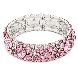 Lavencious Round Shape Rhinestones Elastic Stretch Bracelet Party Jewelry for Women 7"(Silver Pink)