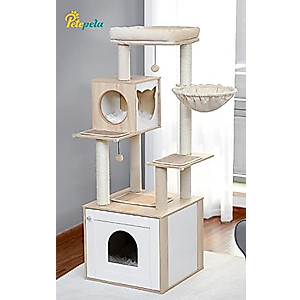 PETEPELA Modern Cat Tree Wood Cat Tower with Storage Cabinet Litter Box Enclosure and Spacious Cat Condo, Large Top Perch and Hammock, Sisal Covered Scratching Posts for Cats Beige