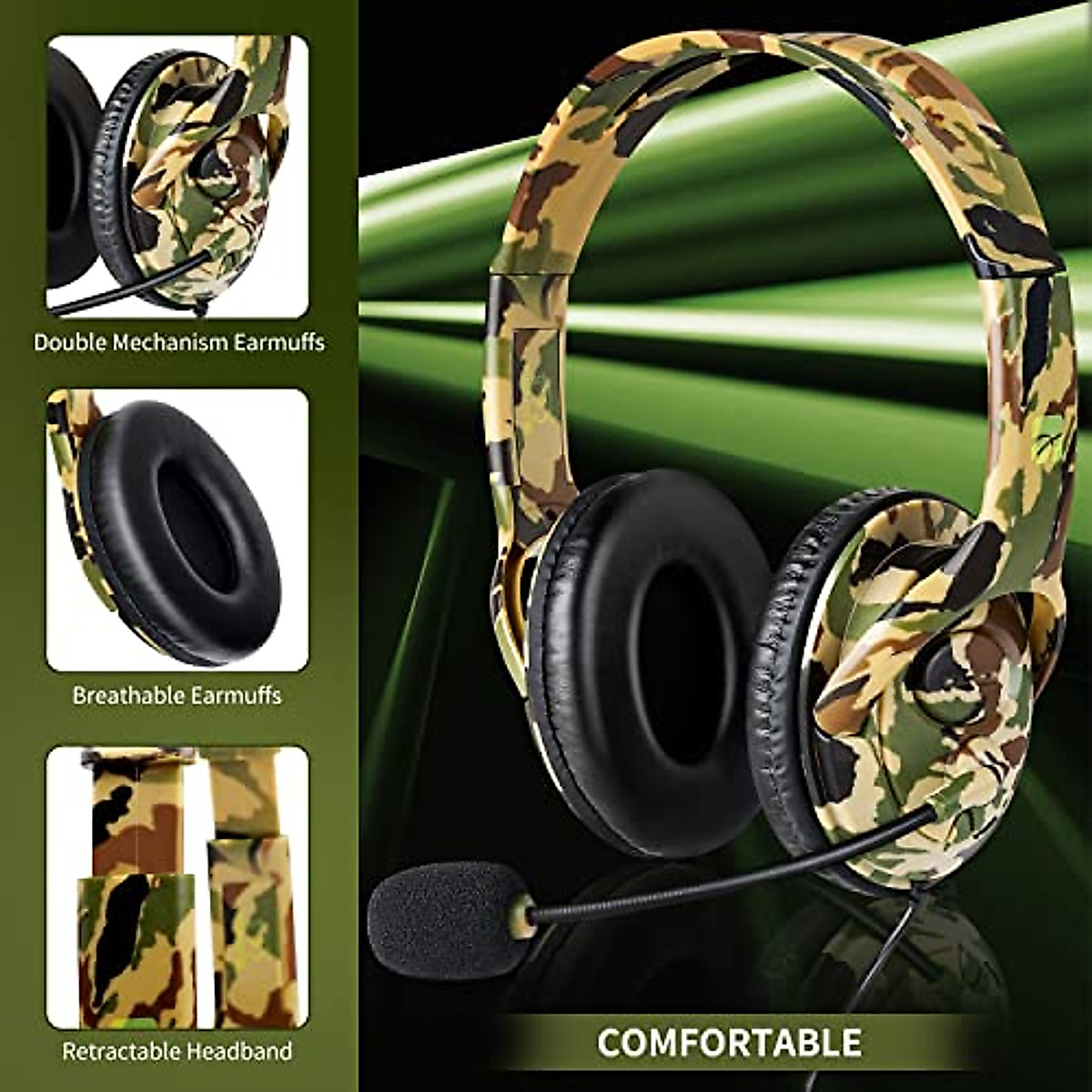 FNSHIP 3.5mm Port Wired Gaming Headset Stereo bass-Isolated Headphones with mic Volume Control Compatible for PS4 PS5 New X-Box One PSP PC Laptop Tablet PC Phone (Camouflage Green)