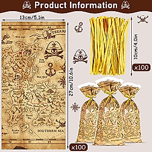100 Pieces Pirate Party Cello Bags Pirate Treat Bags Goodie Treasure Map Island Treat Bags for Pirate Party Favors Supplies with Gold Twist Ties…