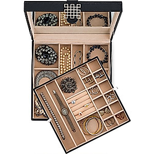 Glenor Co 28 Section Jewelry Box - 2 Layer - Buckle Snap & Magnet Closure - Large Mirror - Leather Design - Black - Jewelry Organizer for Women & Girls - Holder for Earring Ring Necklace & Bracelet