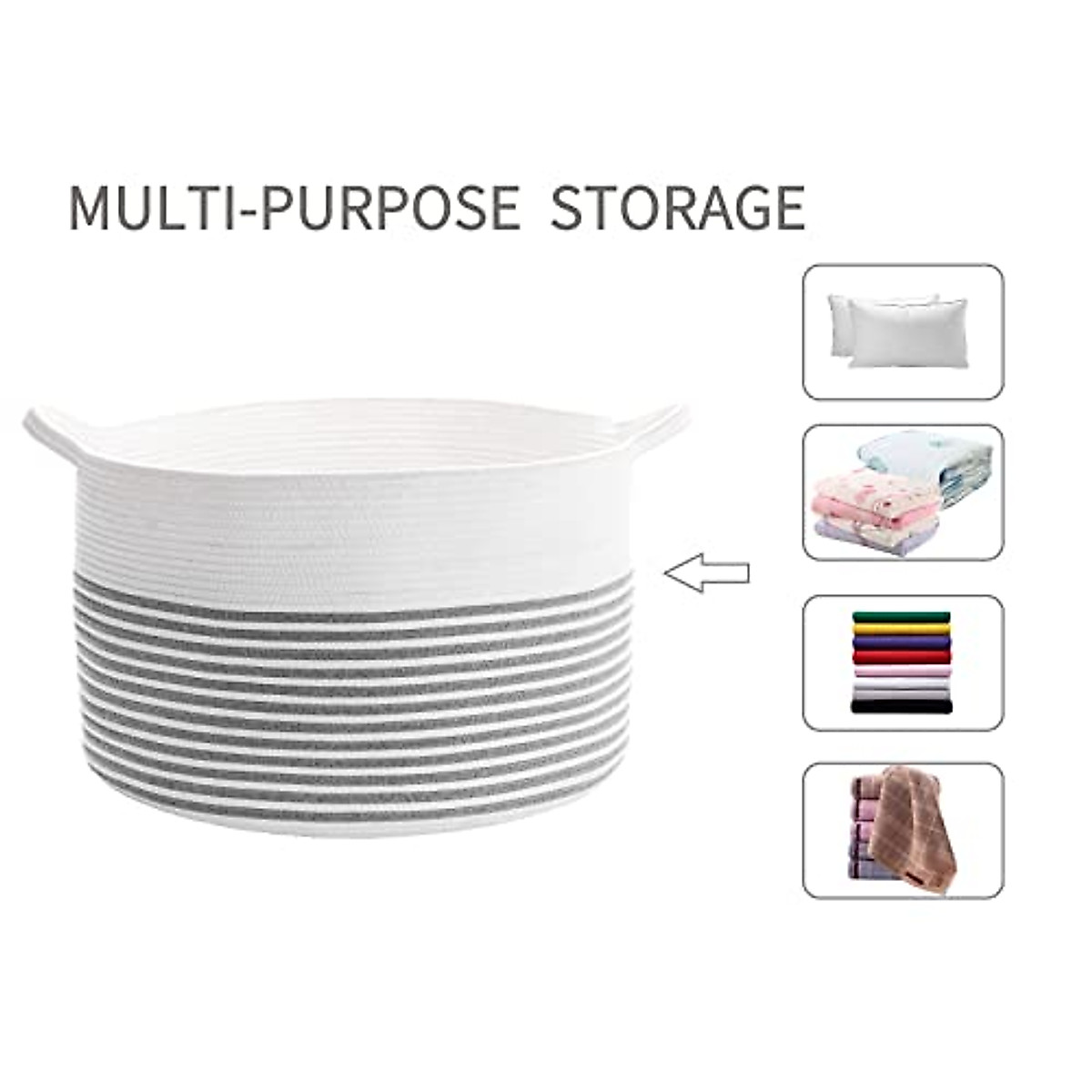 UBUL One Woven Cotton Rope Storage Basket(21.7X21.7X13.8Inch) With Handle, Blanket Basket, Shoes Basket, Toy storage, Pillow Basket, Round Basket, Towel Basket., Grey & White Stripes