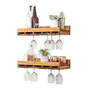 del Hutson Designs Rustic Luxe 24 Inch Farmhouse Solid Pine Wood Wall Mount Wine Bottle Stemware Rack Display Shelf, Set of 2, Walnut