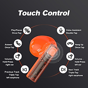 True Wireless Earbuds Bluetooth in Ear Headphones for iPhone Android Transparent Blue Tooth 5.3 Ear Buds Deep Bass TWS Wireless Earphones with Microphone Cordless Earbud with Charging Case Orange