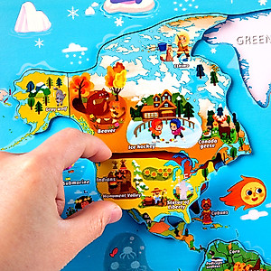 ExBePe Genuine Magnetic Wooden World Map Puzzle,92 Country Flash Cards,National Flags Introduction,Preschool Learning Education Geography Toy for Kid Ages 3+