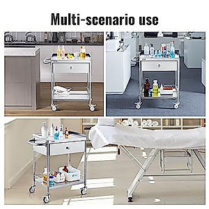 VEVOR Medical Cart, 2-Layer Stainless Steel Cart 220 lbs Weight Capacity, Lab Utility Cart with 360° Silent Wheels and a Drawer for Lab, Clinic, Kitchen, Salon