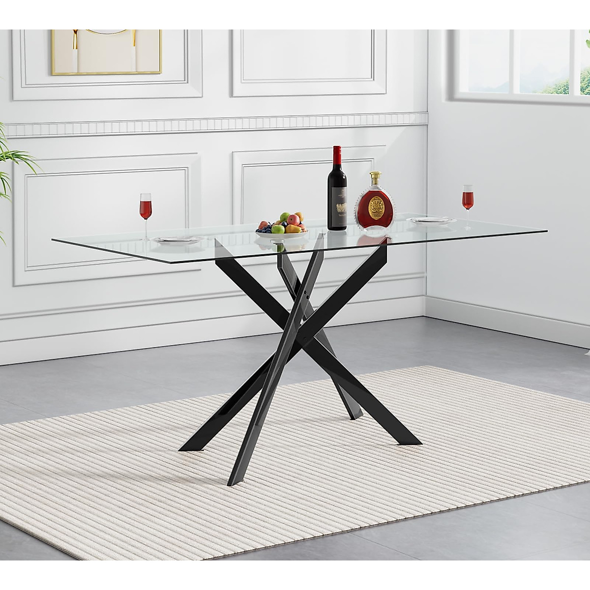 Glass Dining Table for 4 or 6, Rectangle Kitchen Table with X Shape Metal Legs, Tempered Glass Top Dining Room Table for 4, Dining Table for Dining Room Home Kitchen Glass Dintte Table