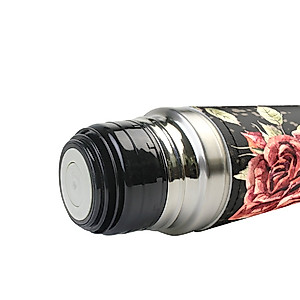 ALAZA Gothic Sugar Skull with Rose Vacuum Flask 17 oz, Double Layer Stainless Steel Vacuum Insulated PU Leather Travel Mug Kettle Bottle Cup