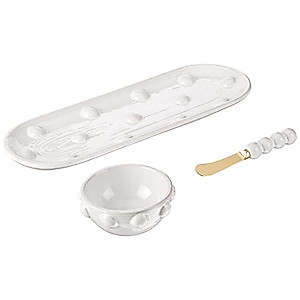 Mud Pie Dotted Dip and Tray Set, Size 5" x 14" 2" x 4 1/4" Dia | Spreader 6 1/2", White
