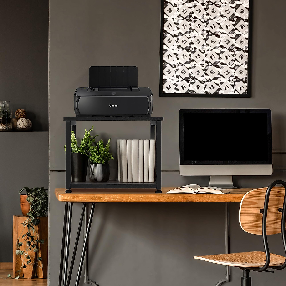 Cakokow Under Desk Printer Stand - 2-Tier Industrial Mobile Printer Table with Storage Shelf, Heavy Duty Wood Rolling Printer Cart with Wheels for Home and Office,Classic Black