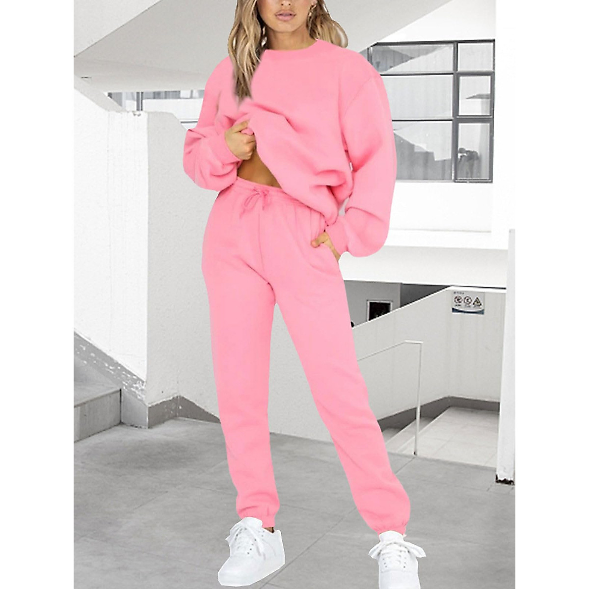KANSOON Outfits for Women 2 Piece Sets Long Sleeves Pullover Sweatshirt Drawstring Jogger Sweatpants Set Pink S