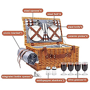 Wicker Picnic Basket for 4 Persons with Waterproof Picnic Blanket,Picnic Set for Family with Insulated Cooler Compartment Utensils,Wedding Gifts for Couples Unique