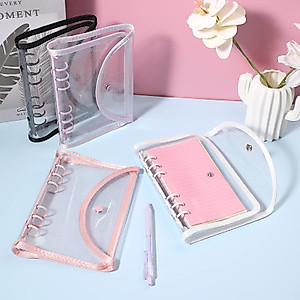 NEWEST 2 Pieces Clear PVC A6 Refillable Binder Covers, Shiny 6-Ring Personal Notebook Shell, Round Ring Binder Pocket with Snap Button Lock for Filler Organizer Planner Journal Album, Pink & Purple