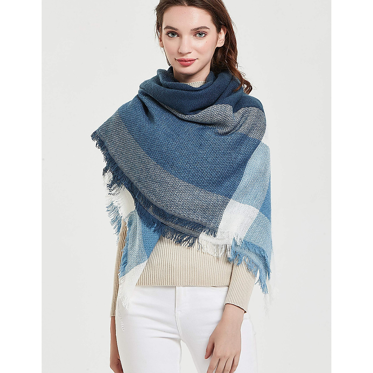 Wander Agio Womens Warm Blanket Scarf Square Winter Shawls Infinity Scarves Stripe Plaid Blue Navy Cyan 2