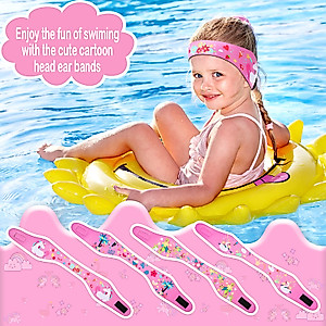HESTYA Swimming Headband for Kids, 4 Pieces Adjustable Neoprene Swim Band Ear Protection, Cute Cartoon Head Ear Bands (Swan, Flamingo, Flower, Unicorn)