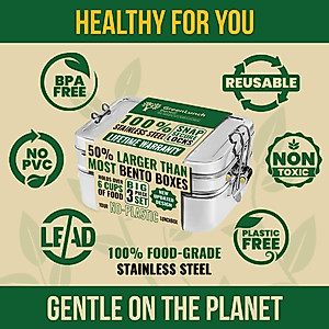 3-in-1 Stainless Steel Bento Box For Kids & Adults with Snack Pod - Holds 6 Cups of Food, 100% Crack-Resistant, Secure Locks, Eco-friendly Metal Lunch Container